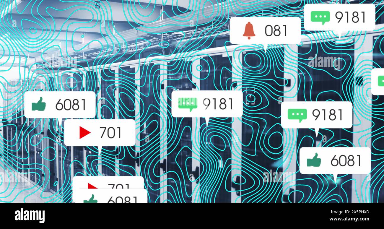 Image of icon and changing numbers in message boxes over abstract ...