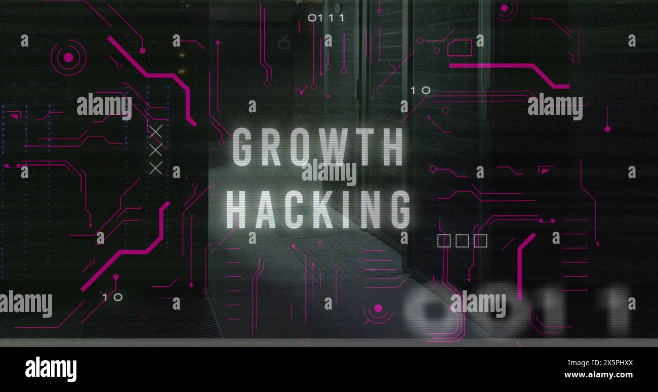Image of growth hacking and binary codes against server room in background Stock Photo - Alamy