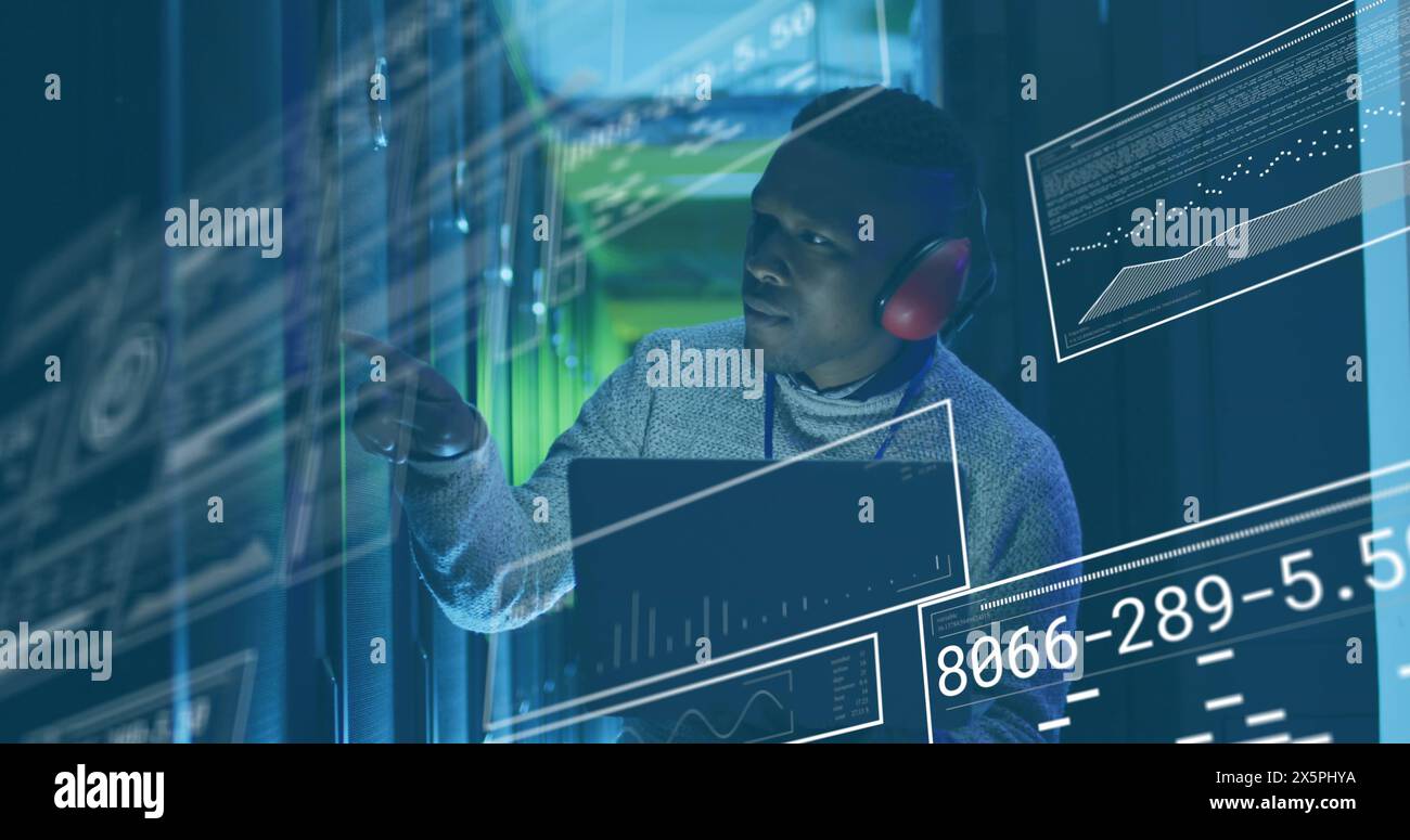Image of graphs, loading bars, circles, african american man checking ...