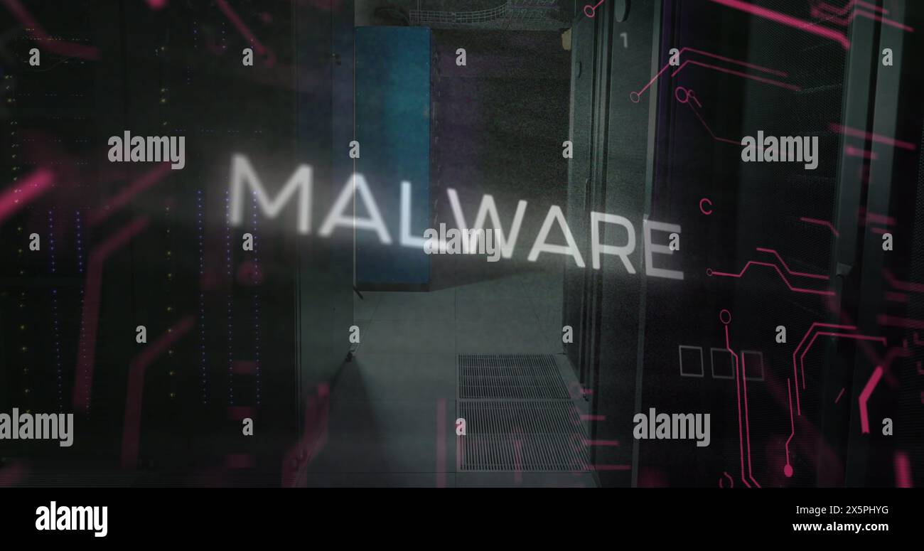 Image Of Malware Text In Circuit Board Pattern Over Server Room In