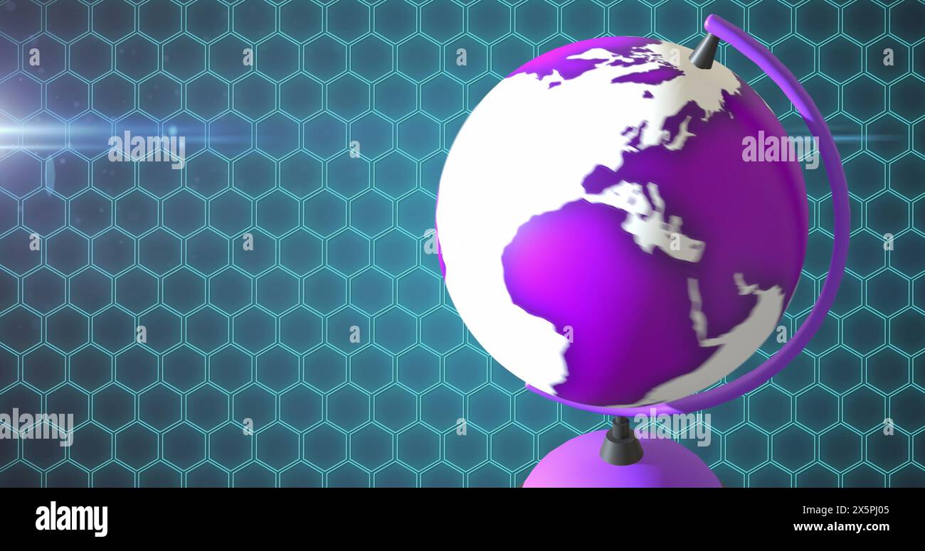 Image of spinning globe icon over hexagon pattern background Stock ...