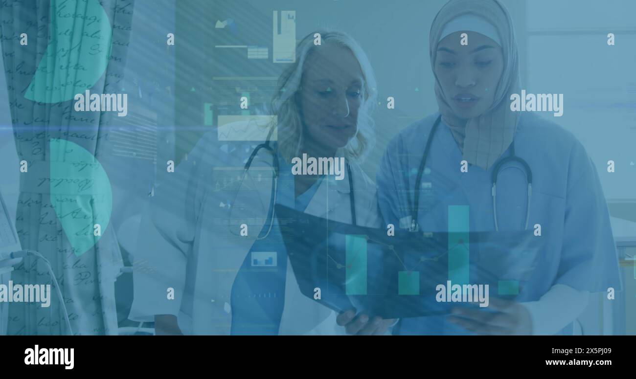 Image of data processing over two diverse female doctors discussing ...