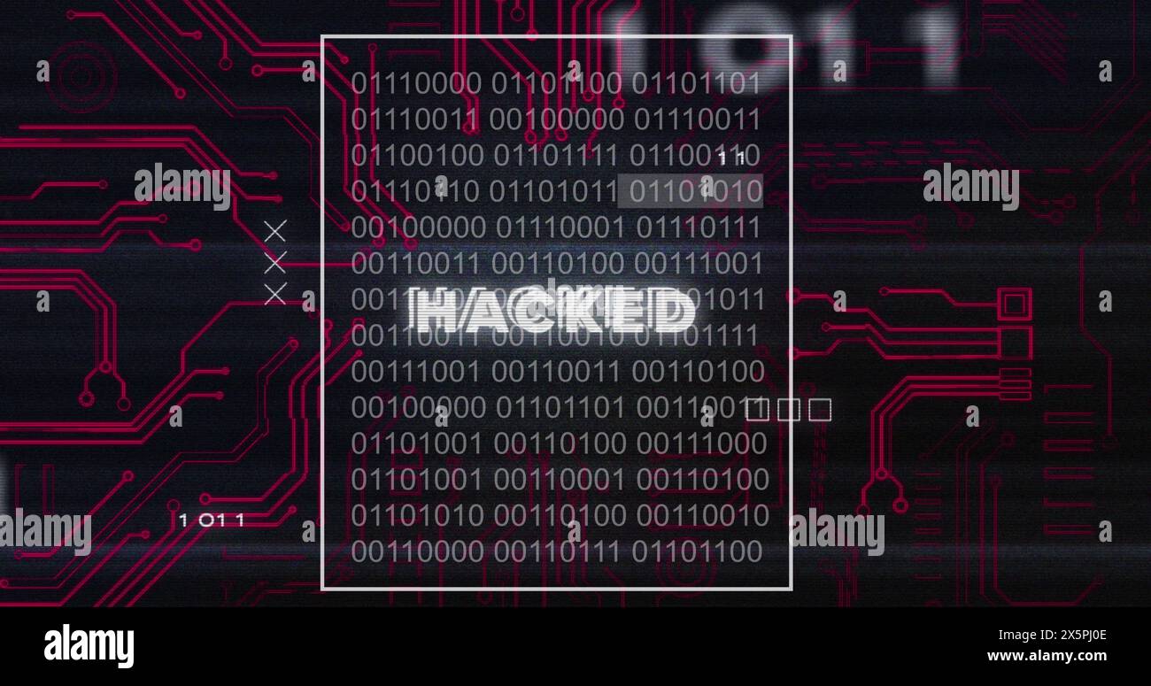 Image Of Hacked Text With Binary Codes And Circuit Board Pattern Over