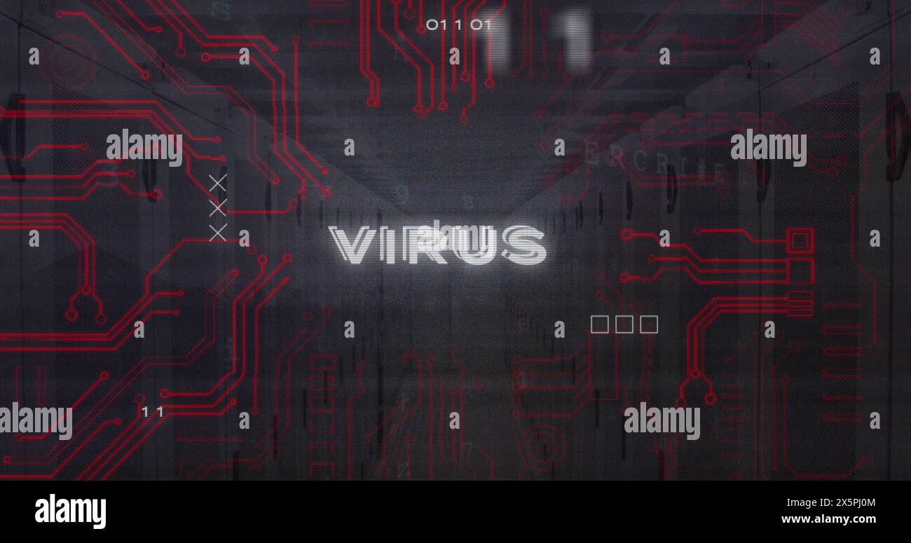 Image of virus text, binary codes and circuit board pattern over server room Stock Photo - Alamy