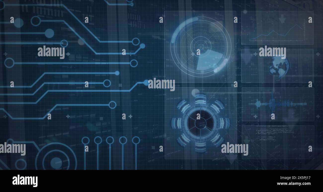 Image of radar, arc reactor, globe and computer language over server room Stock Photo - Alamy