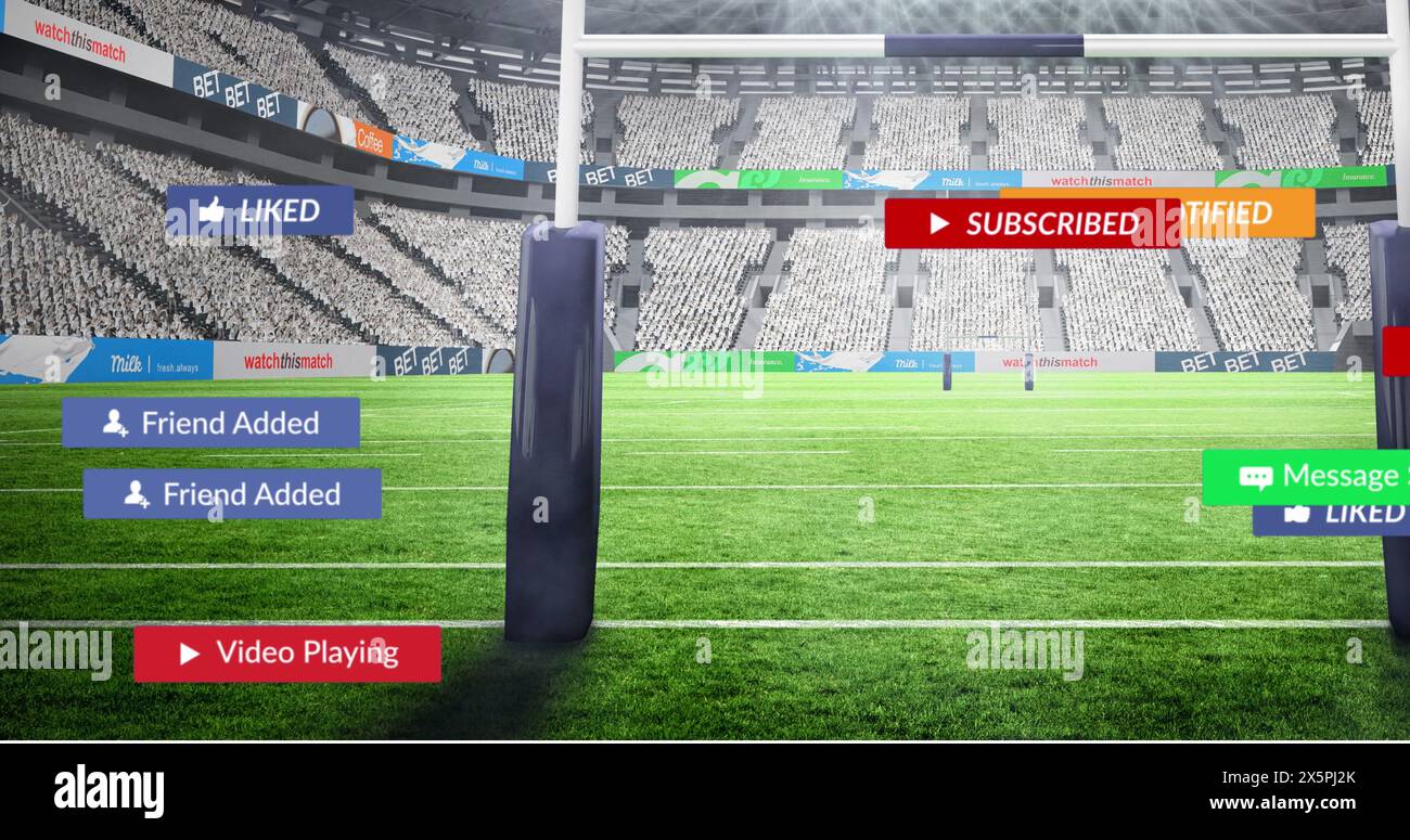 Image of social media icons floating against rugby sports stadium Stock ...