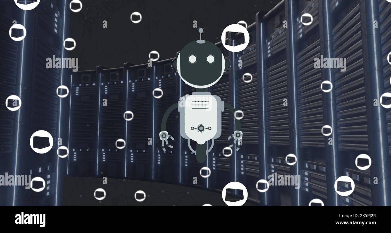 Image of ai chat bot and icons over computer server background Stock ...