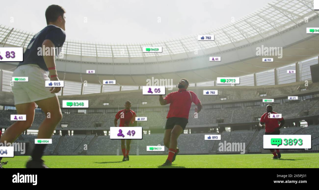 Image of multiple notification bars over diverse rugby player running ...