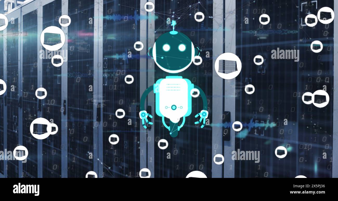 Image of ai chat bot and icons over computer server background Stock ...