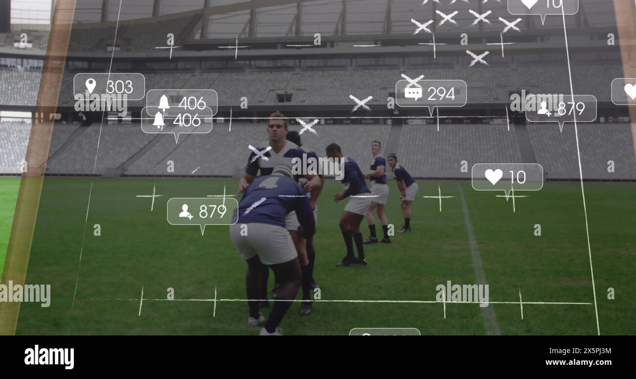 Image of notification bars, strategy on slate over diverse rugby player ...