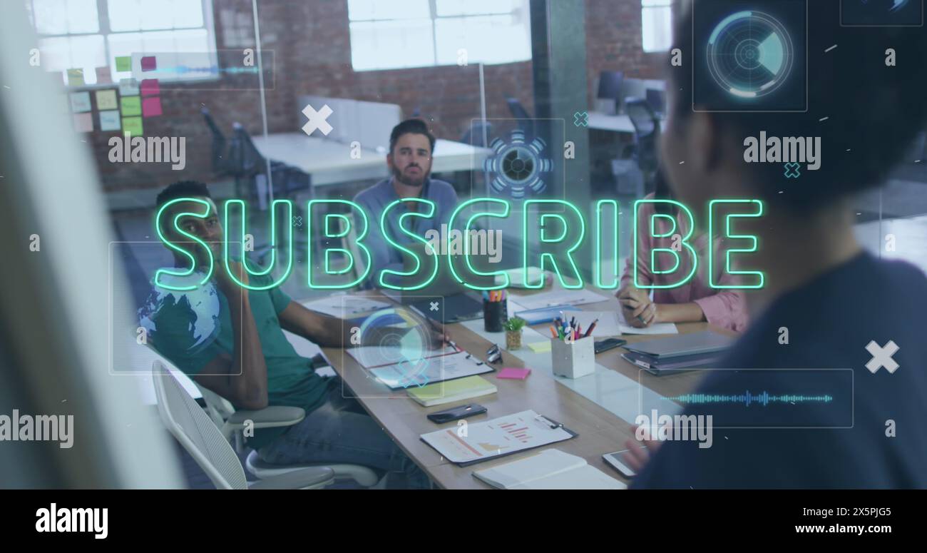 Image of subscribe and social media text and icons over diverse ...