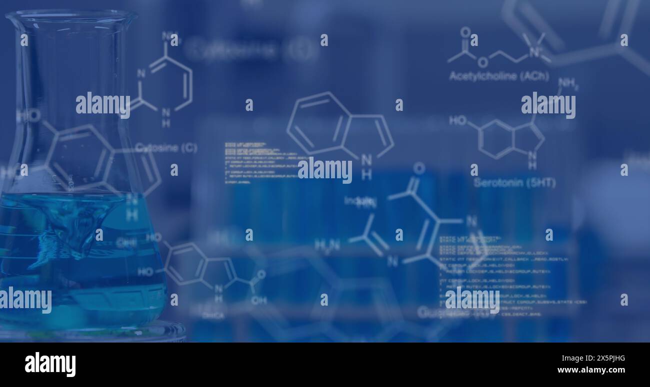 Image of data processing and chemical formula over beakers and test ...