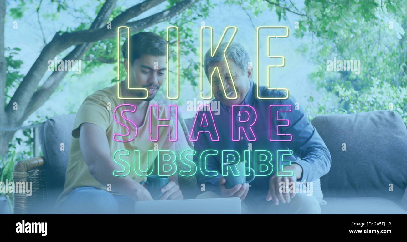 Image of like, share, subscribe social media text over diverse men ...