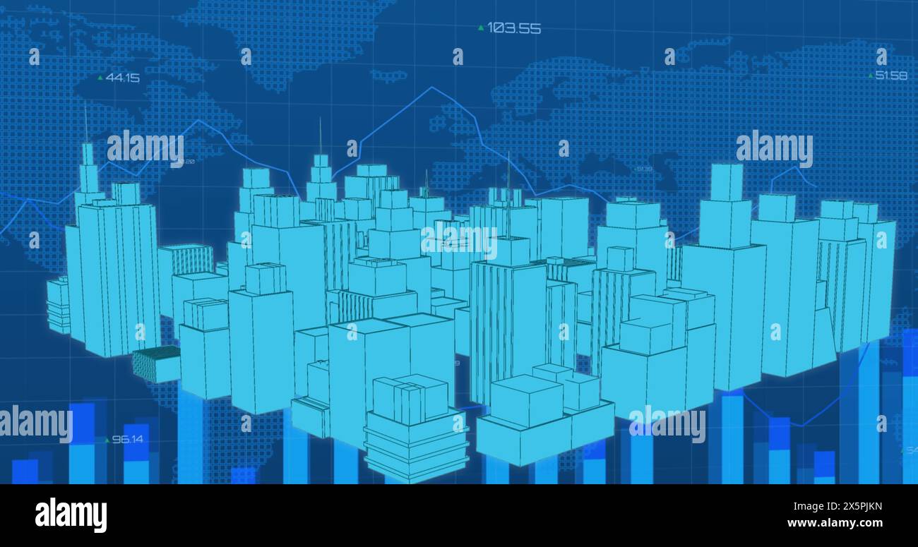 Image of financial data processing and world map over 3d cityscape drawing Stock Photo - Alamy