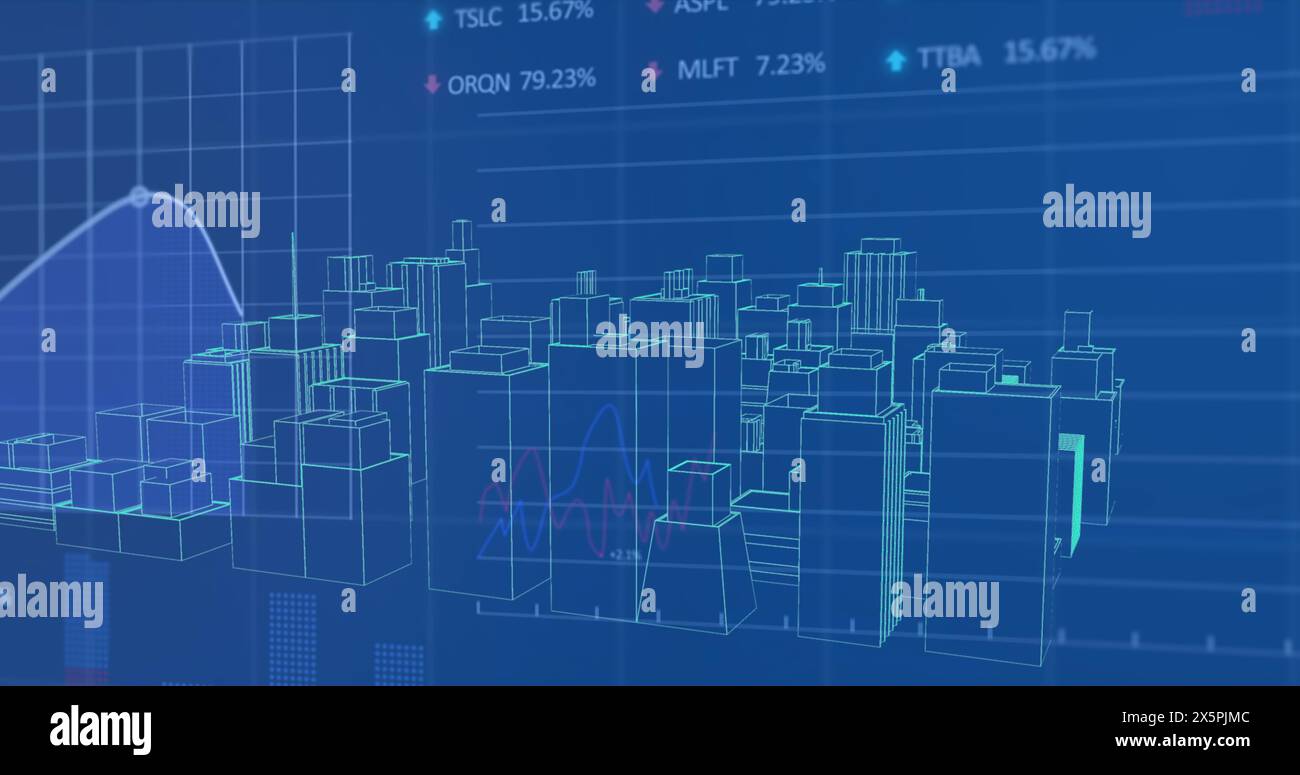 Image of financial data processing over 3d cityscape drawing Stock ...