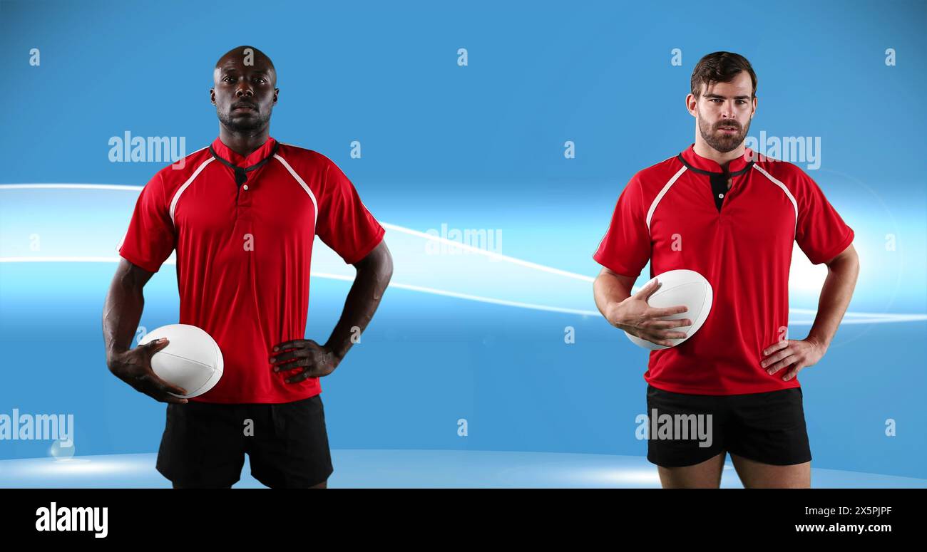 Image of diverse rugby players over blue background Stock Photo - Alamy