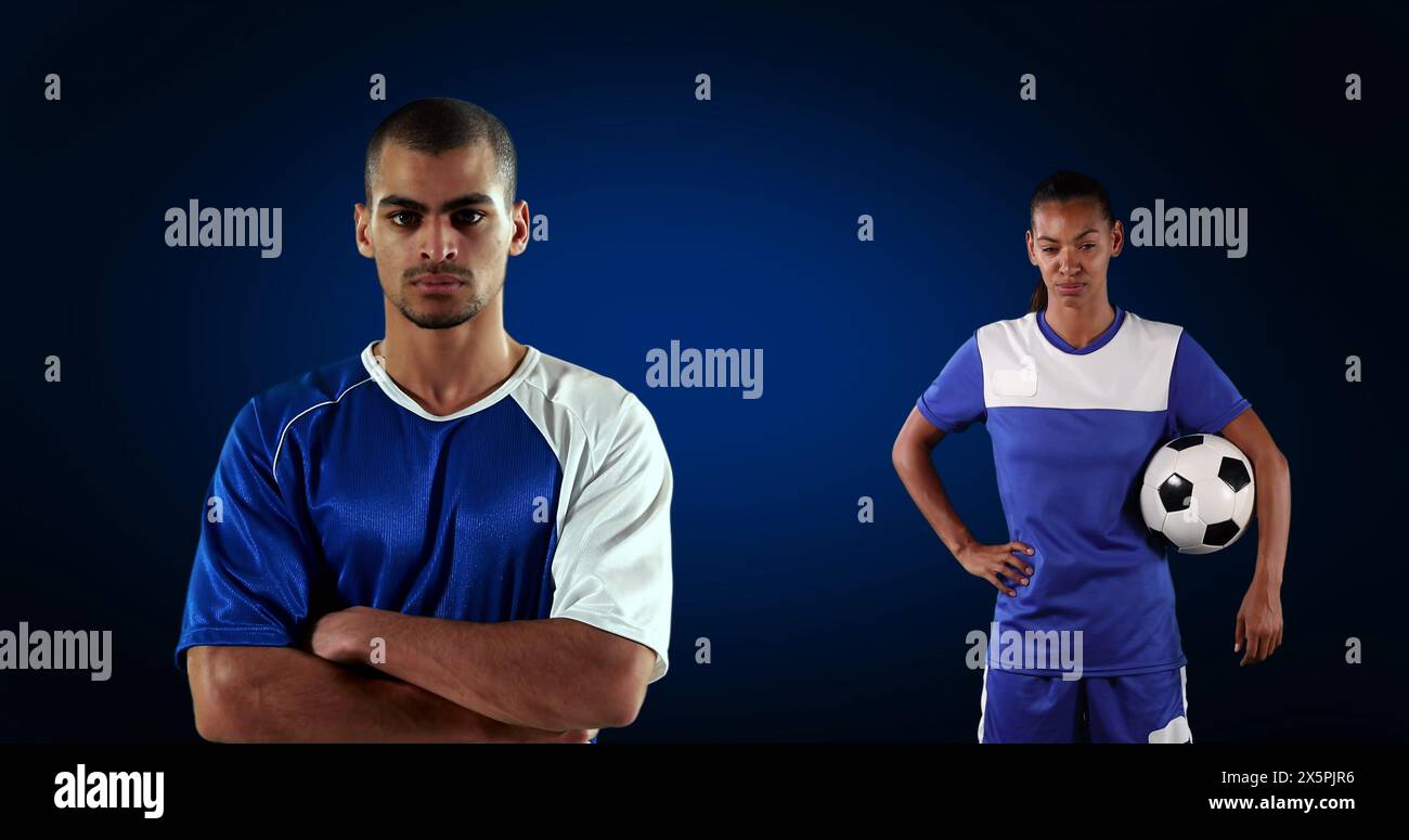 Image of diverse football players over black background Stock Photo - Alamy