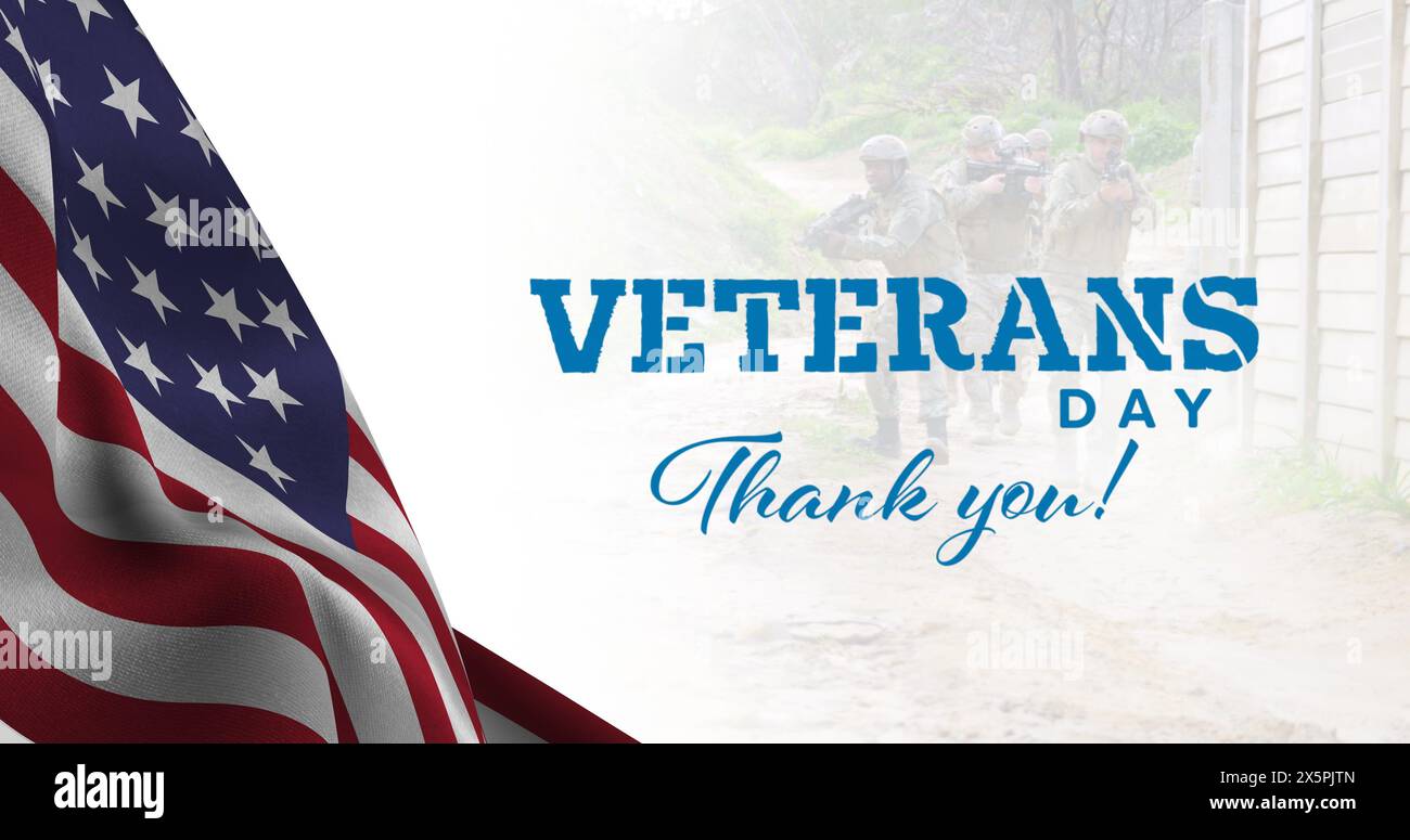 Image of veterans day text and usa waving flag over soldiers Stock ...