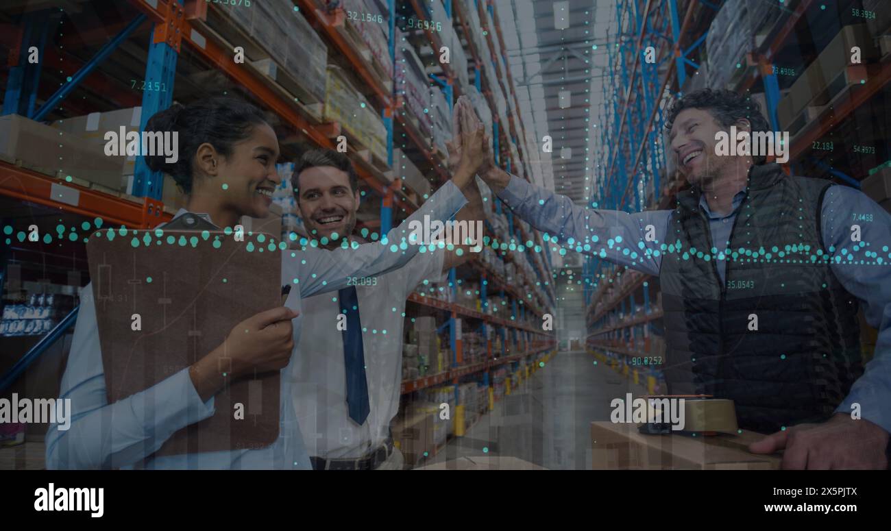 Image of financial graphs over happy diverse female and male warehouse ...