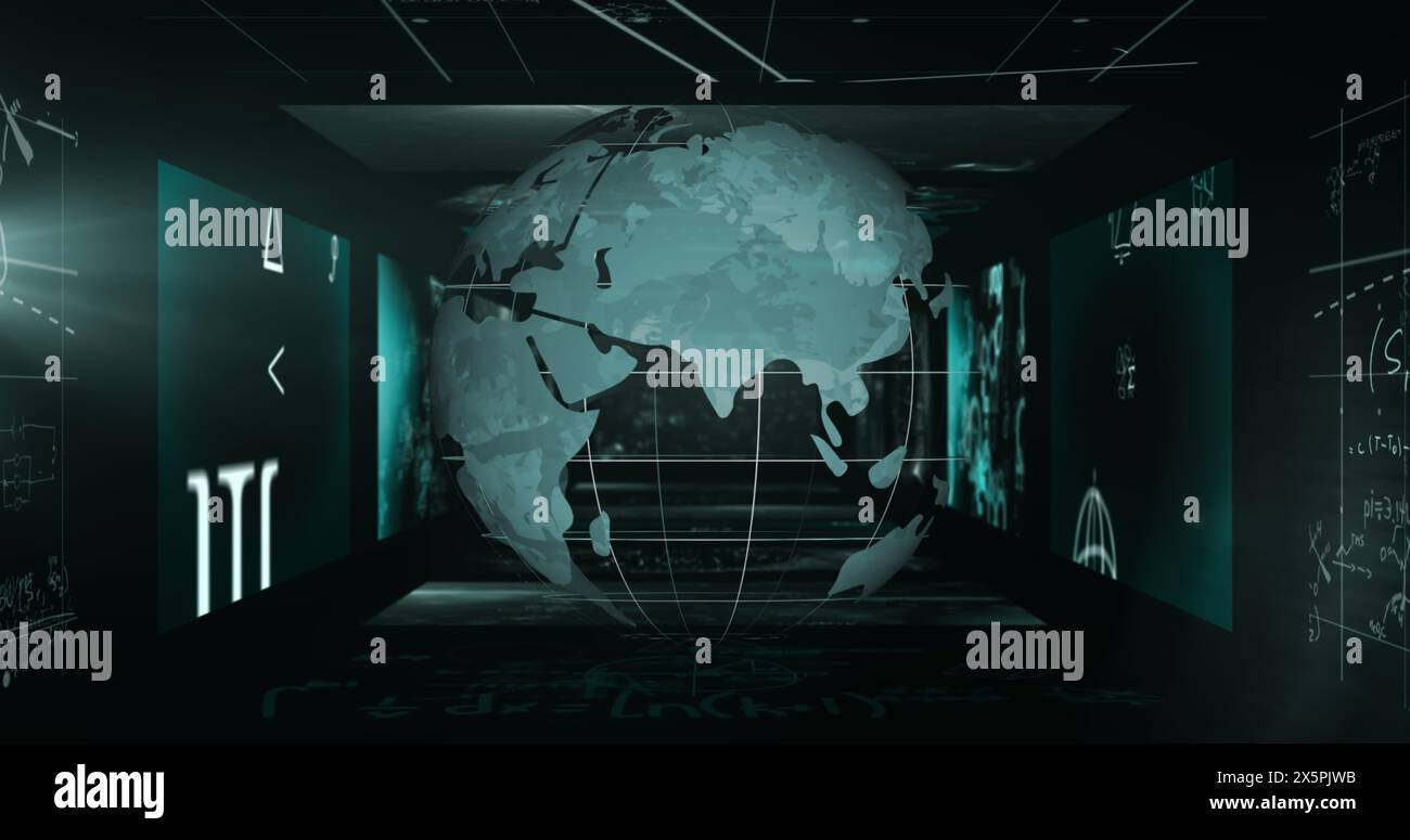 Image of globe over mathematical equations and symbols on black ...