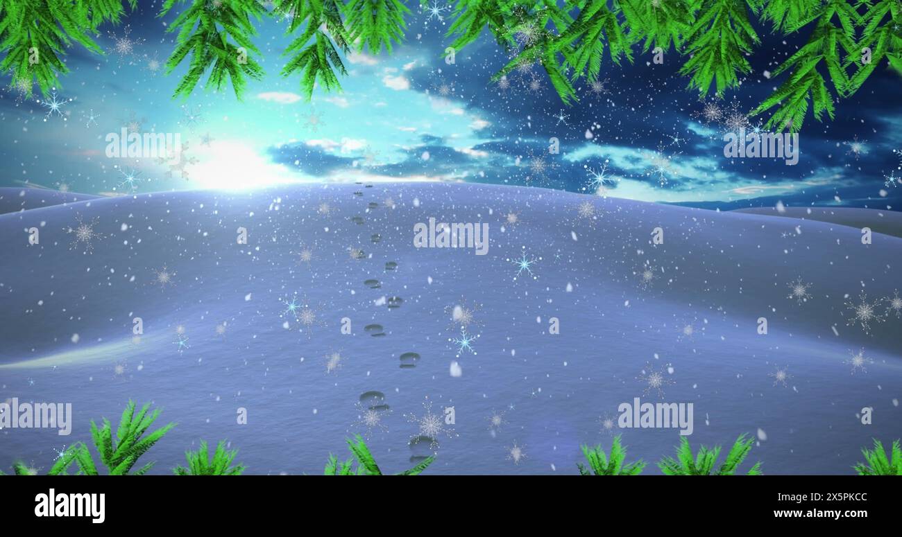 Image of falling snow and lights over winter scenery Stock Photo - Alamy