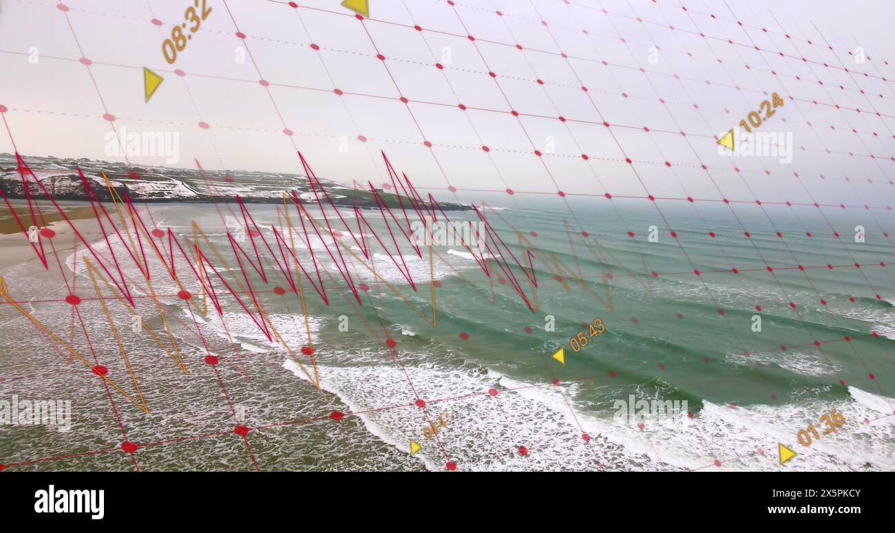 Image of data processing over aerial view of sea waves and the beach ...