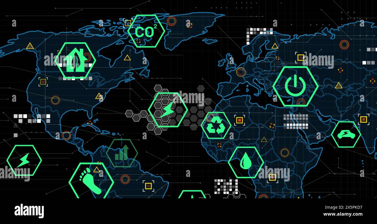 Image of multiple digital icons over world map and data processing ...