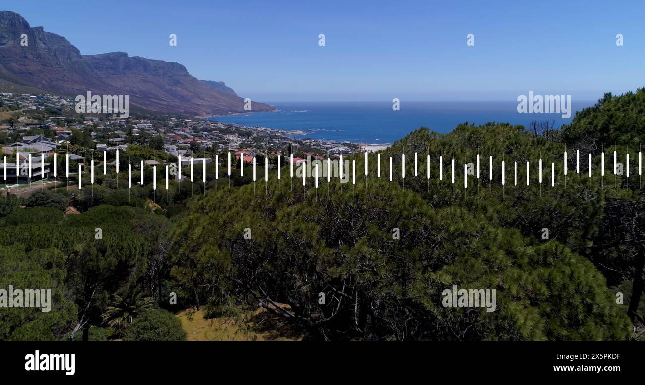 Image of data processing over aerial view of landscape with trees ...