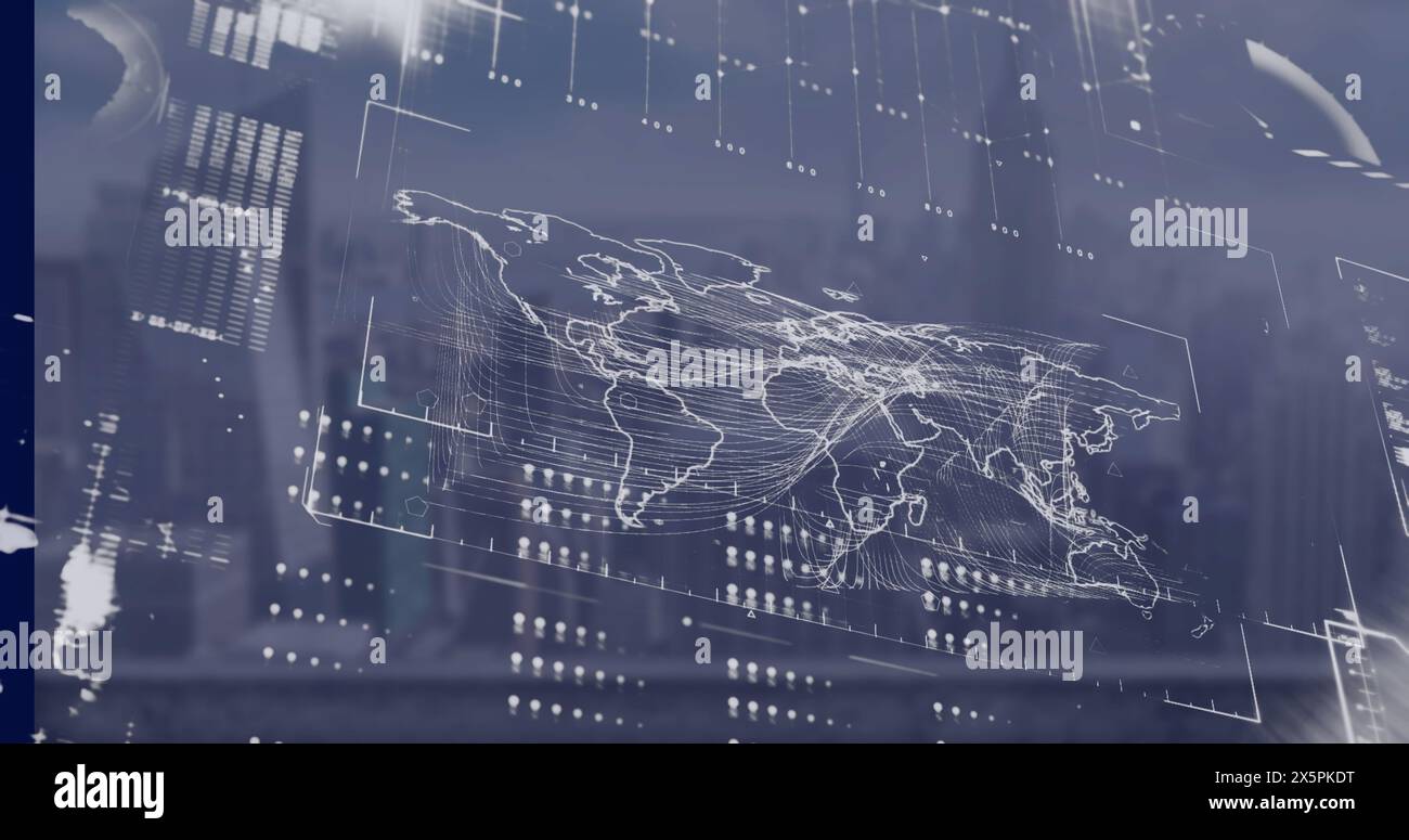Image of world map, statistics, data processing over cityscape Stock Photo - Alamy