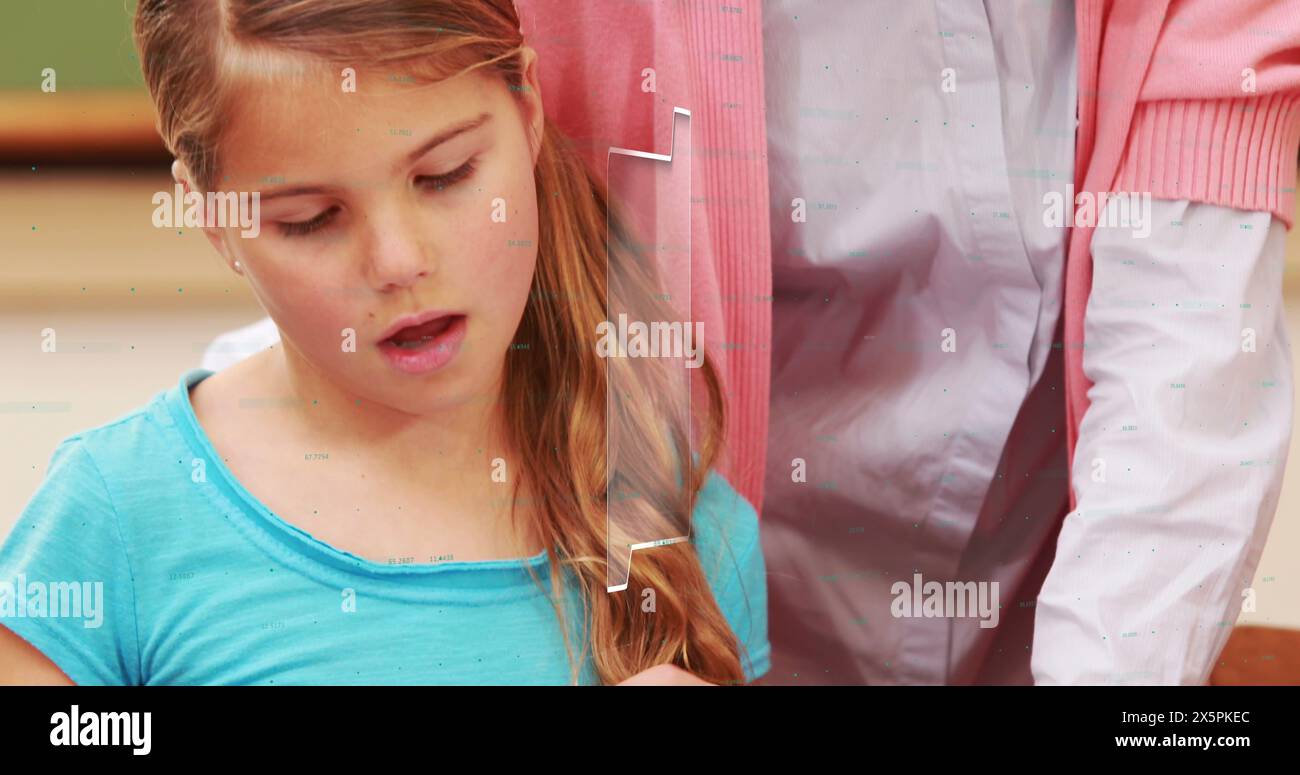 Image of data processing over caucasian female teacher with caucasian ...