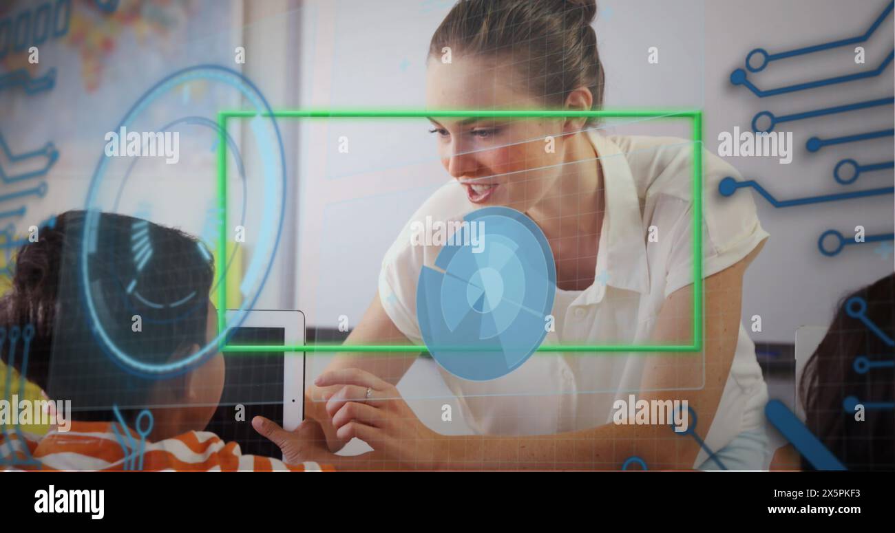 Image of data processing over caucasian female teacher with diverse ...