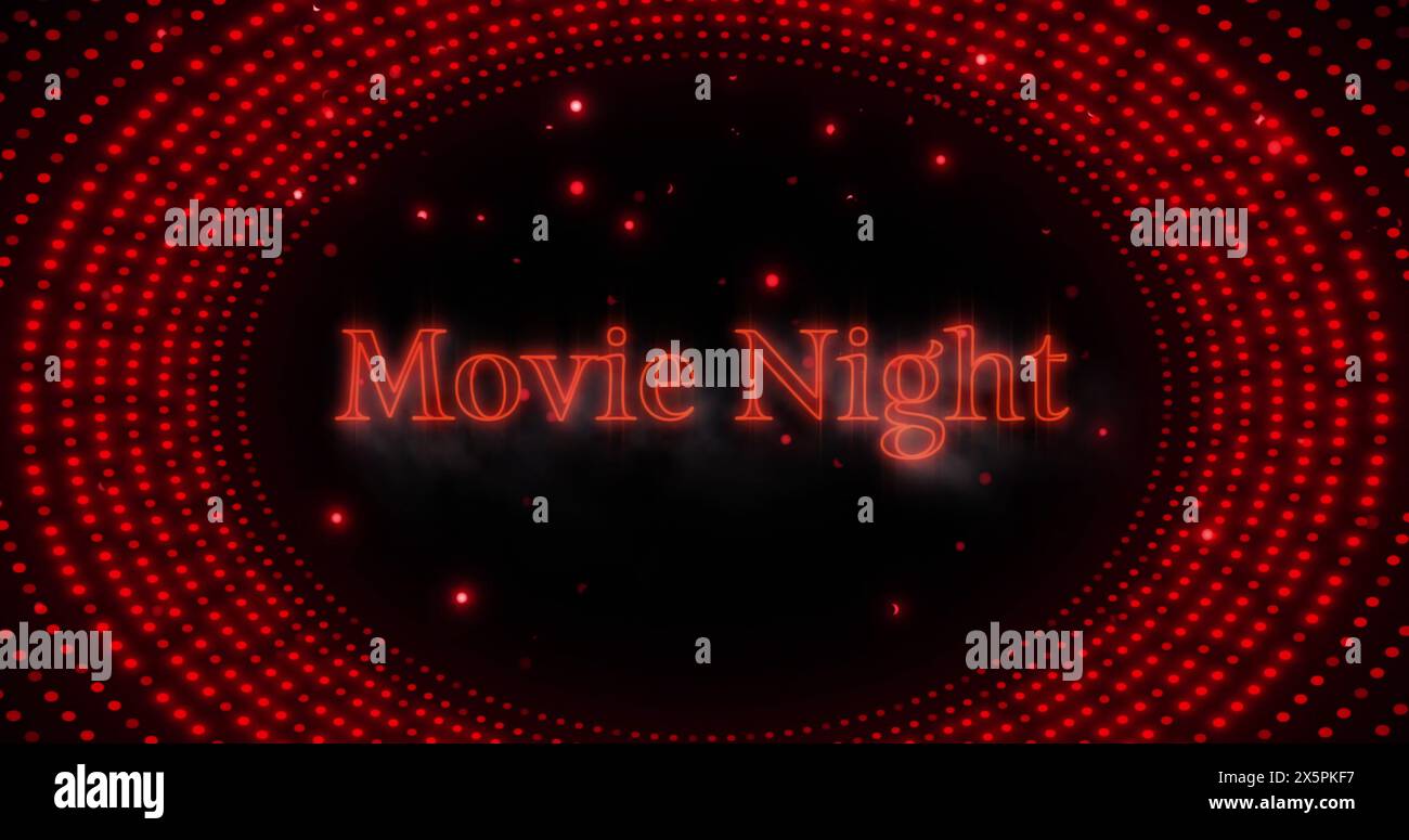 Image of movie night text in red neon over oval pattern of red flashing ...