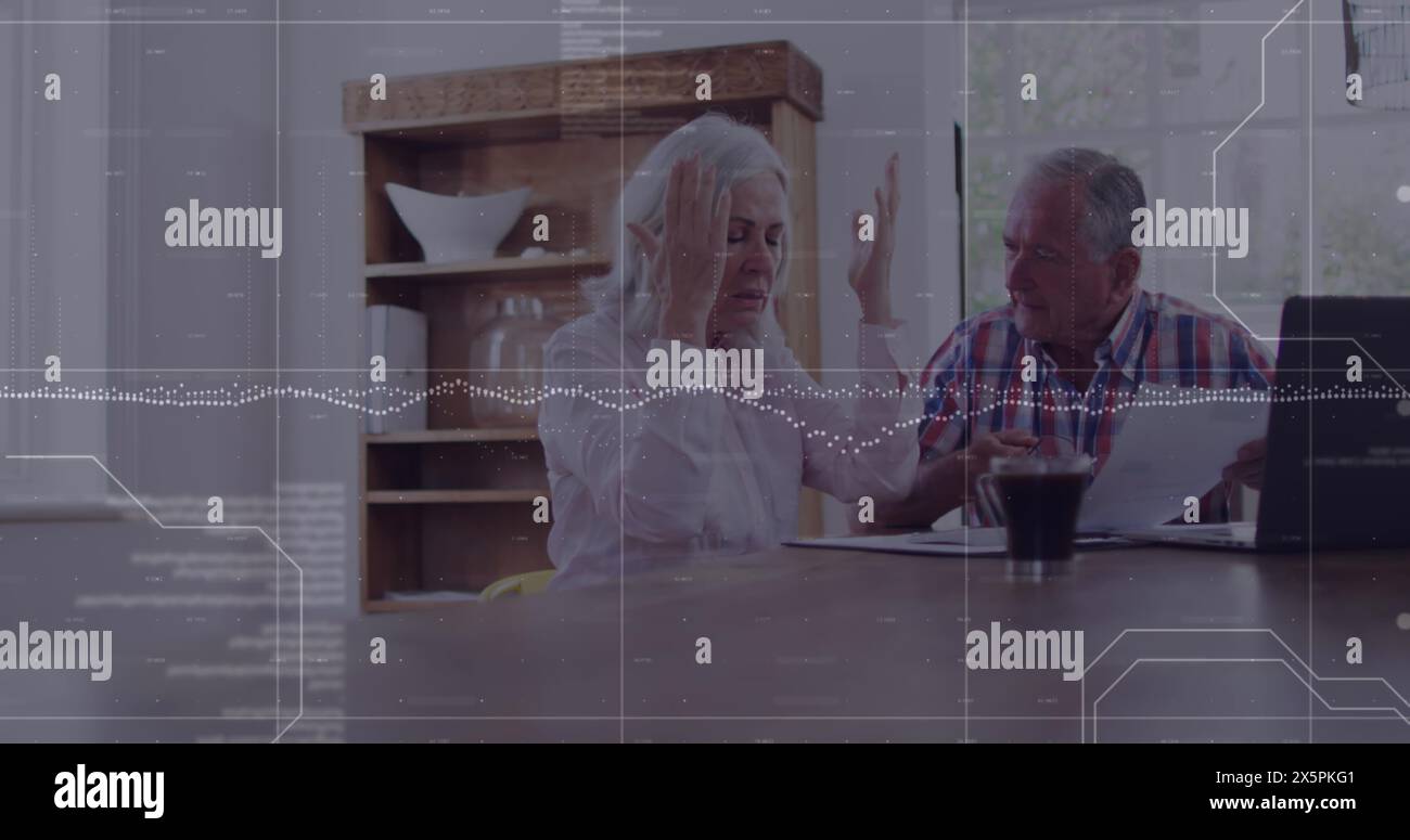 Image of graphs, abstract pattern over frustrated caucasian woman ...