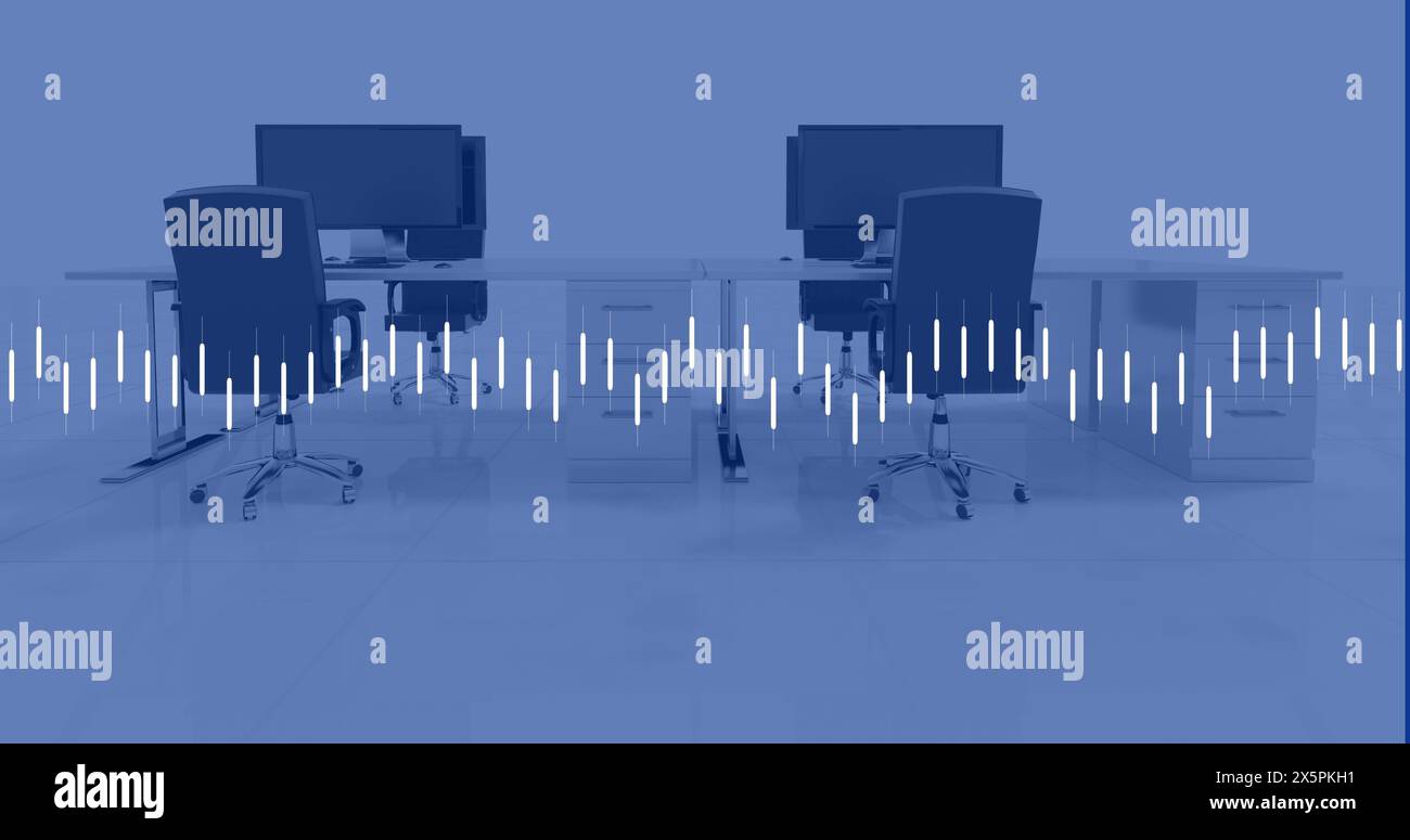 Image of data processing over over 3d office desks model against blue background Stock Photo - Alamy