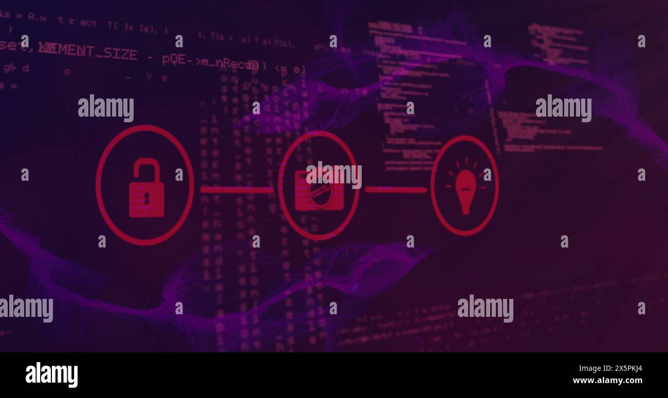 Image of connected icons over programming language against abstract ...