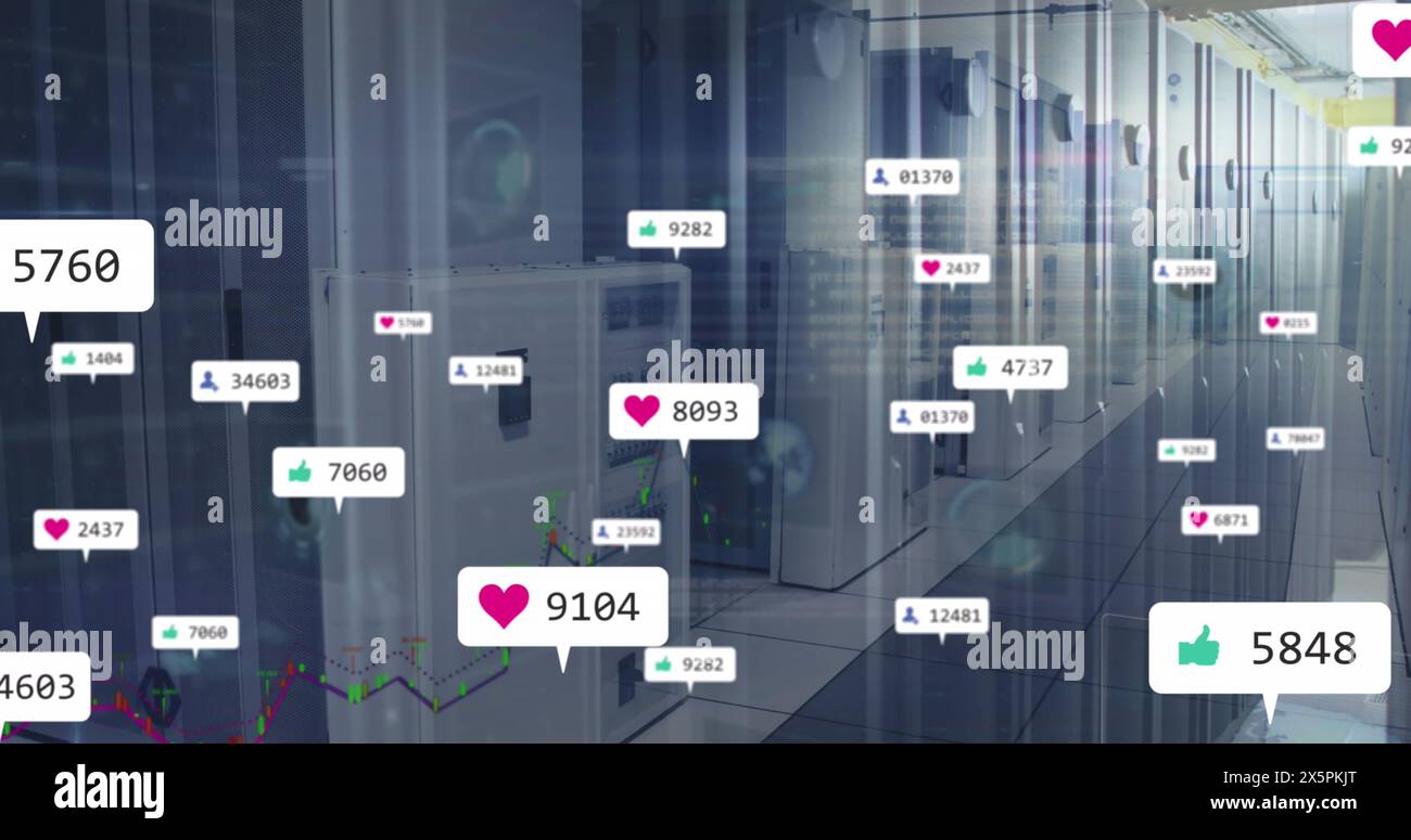 Image of multiple social media icons and data processing against computer server room Stock ...