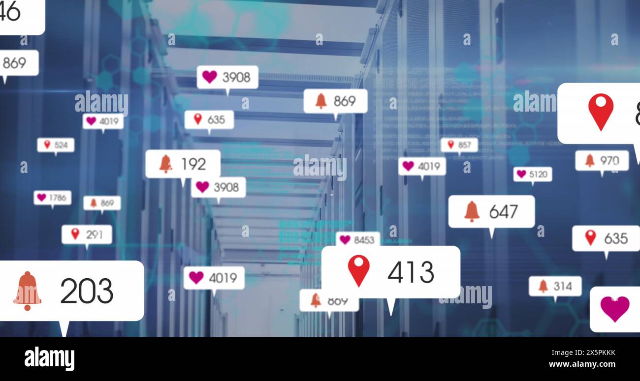 Image of multiple social media icons and data processing against computer server room Stock ...