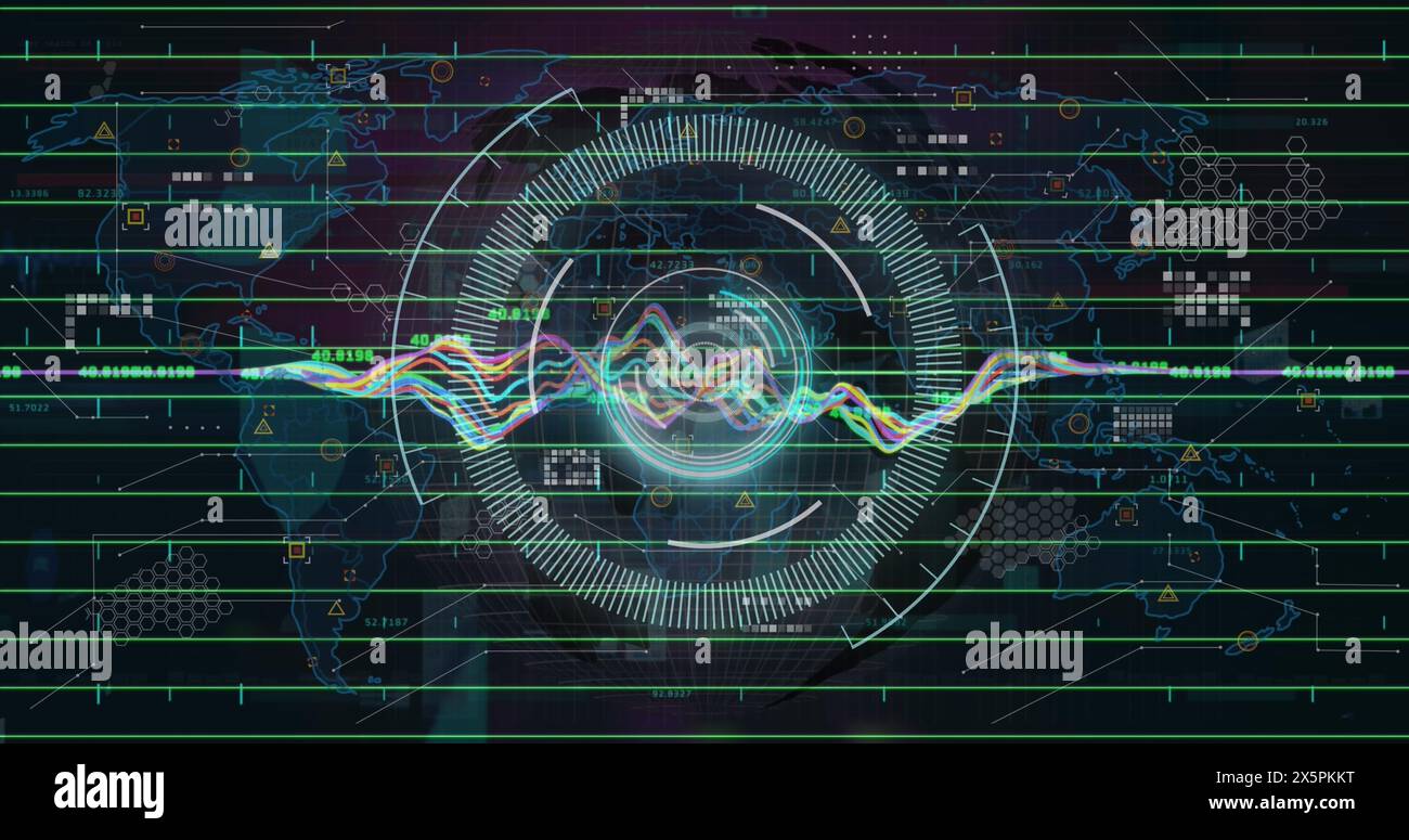 Image of round scanner and data processing over world map against black background Stock Photo ...