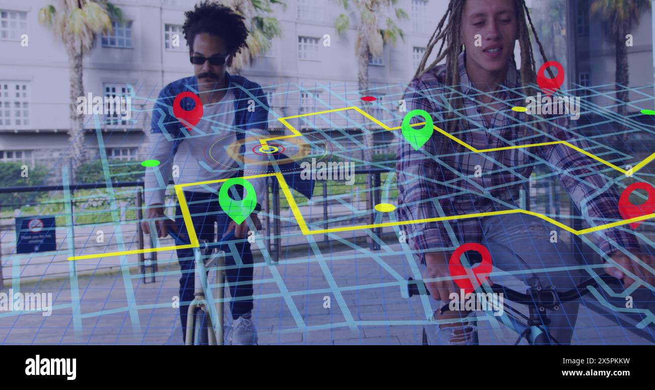 Image of city map over diverse people riding bikes Stock Photo - Alamy