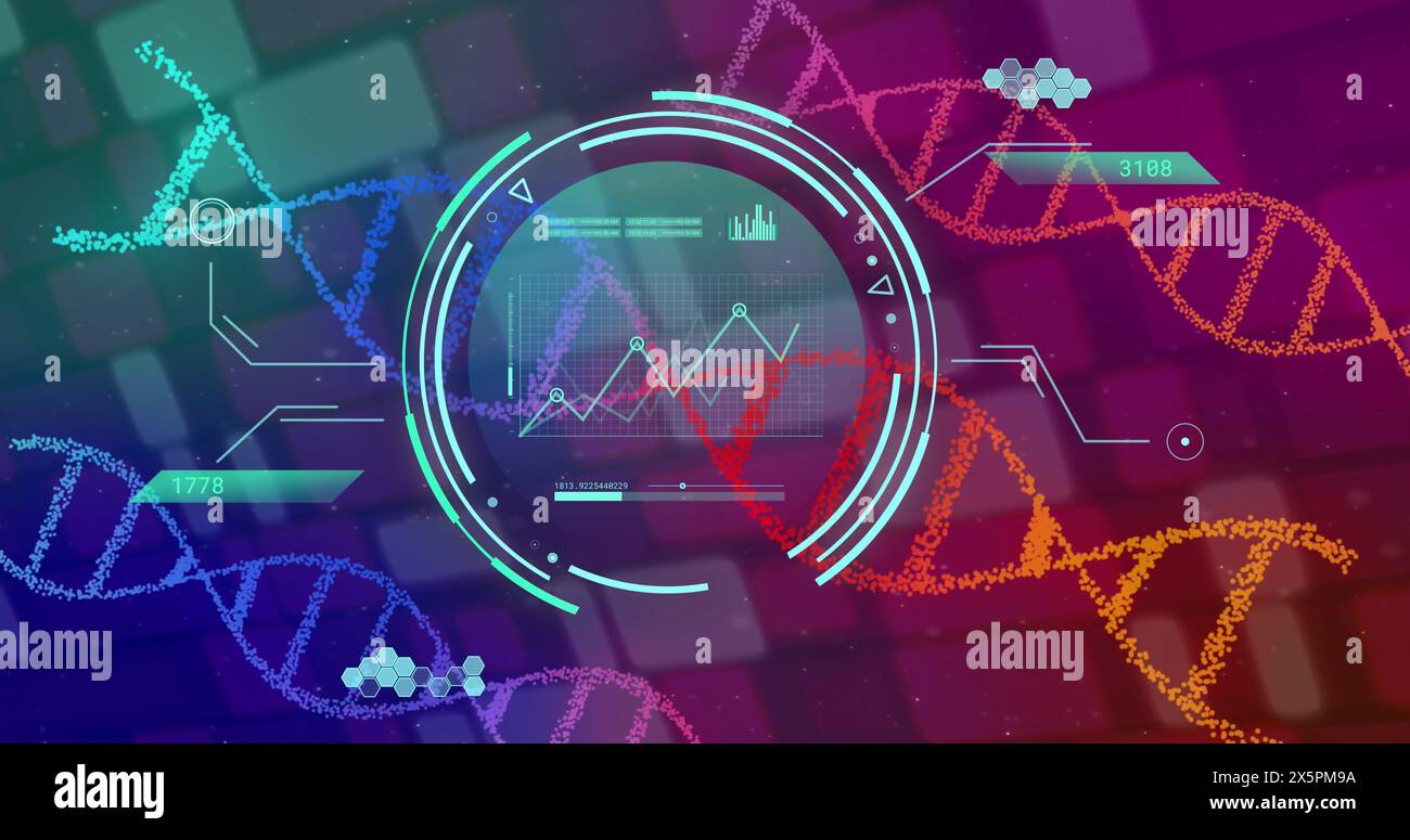 Image of dna strands spinning and scientific data processing Stock ...