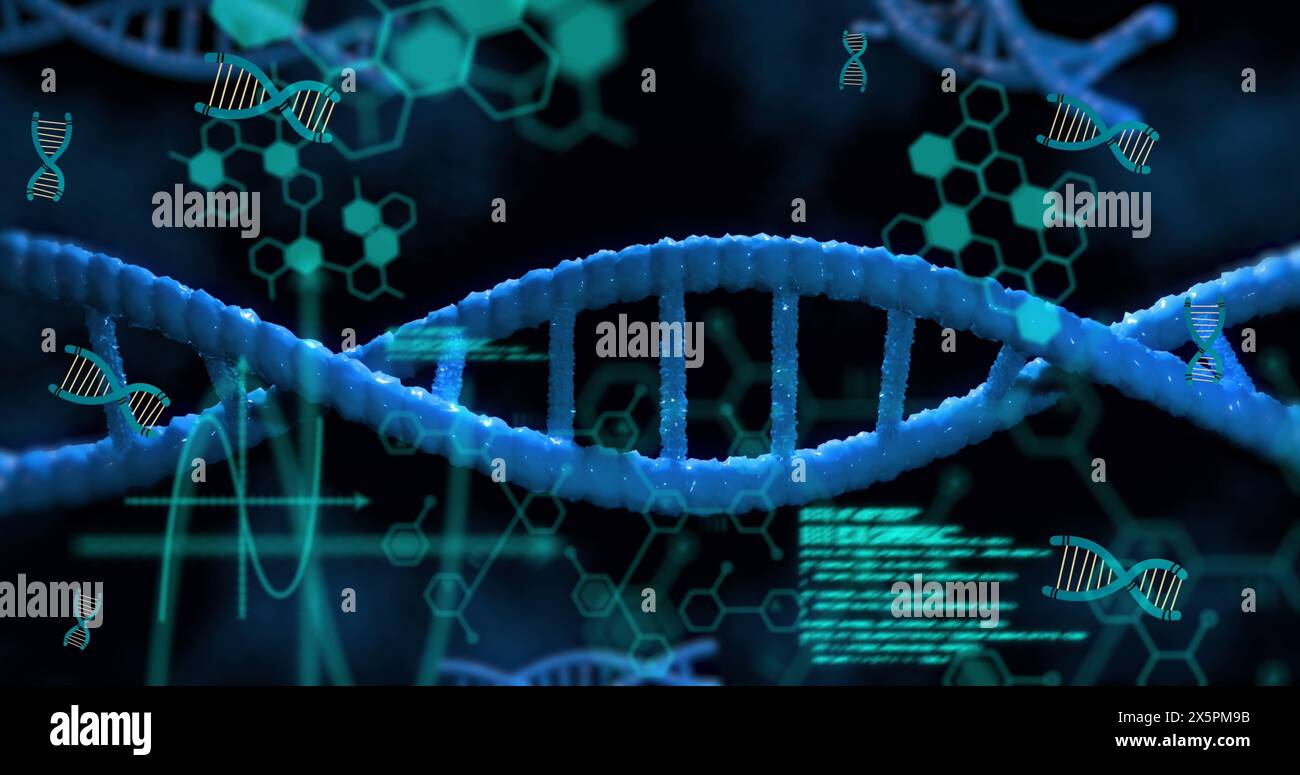 Image of data processing, dna and chemical structures floating against ...