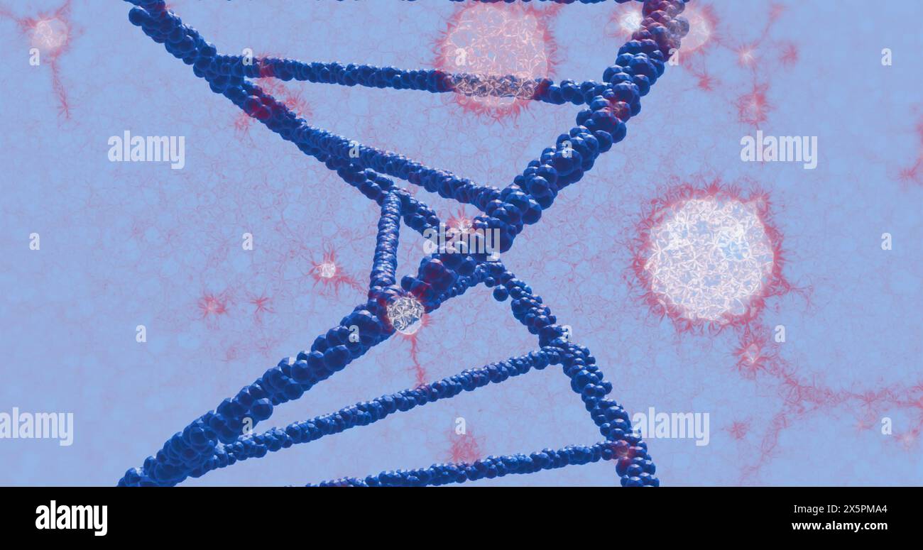 Image of dna and molecular structures floating against blue background ...