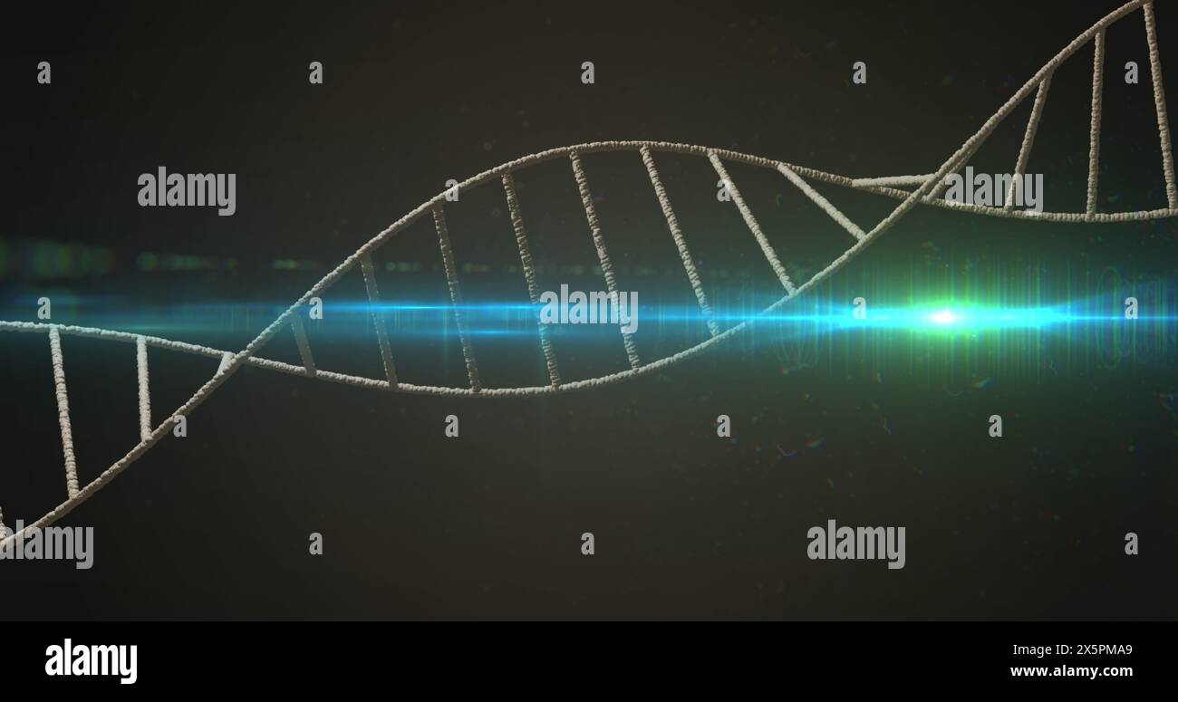 Image of spinning dna structure and glowing blue light spot against ...