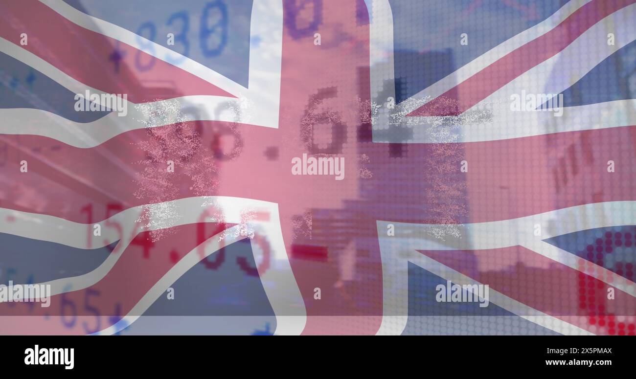 Image of flag of uk over stock market and cityscape Stock Photo - Alamy