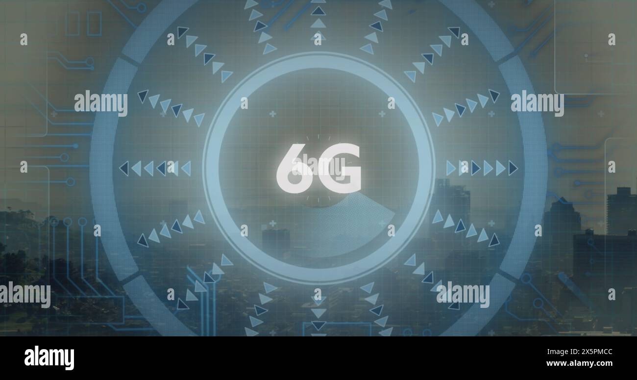 Image of 6g text over round scanner against aerial view of cityscape Stock Photo - Alamy