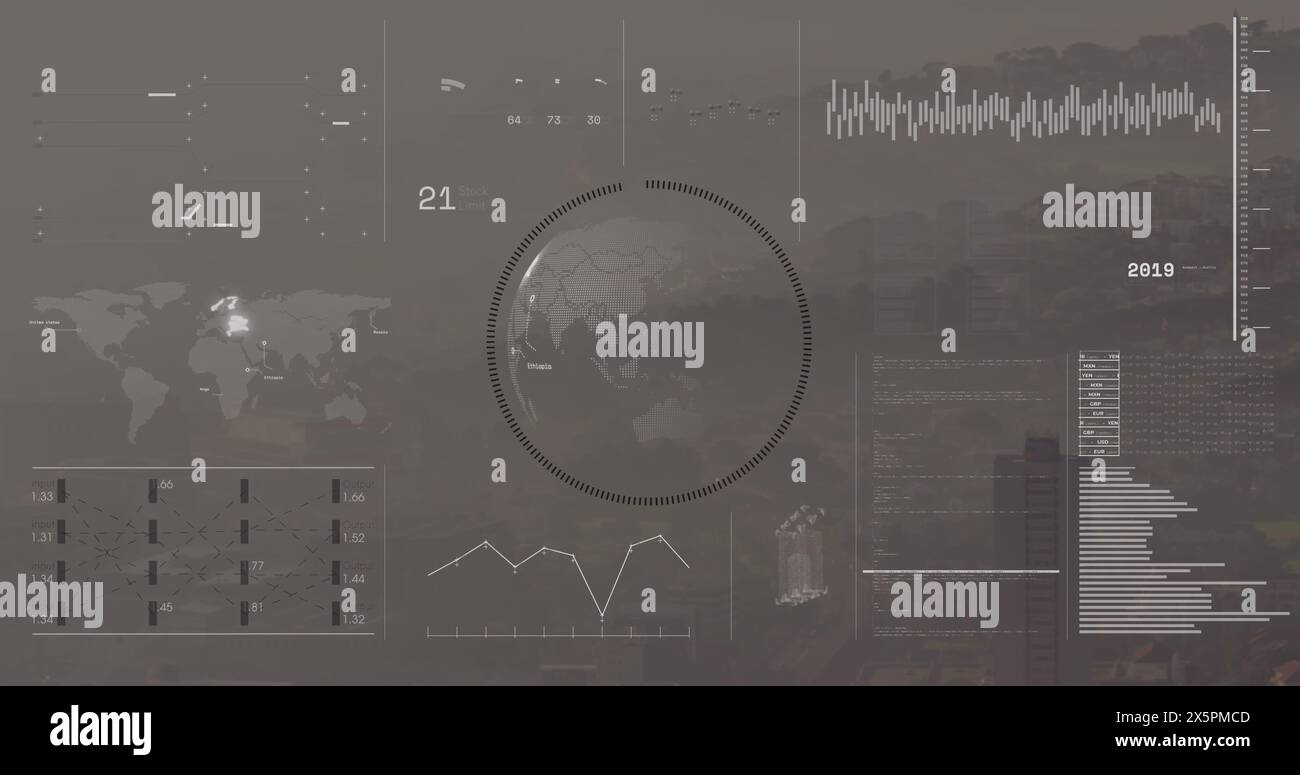 Image of interface with data processing over spinning globe against aerial view of cityscape ...