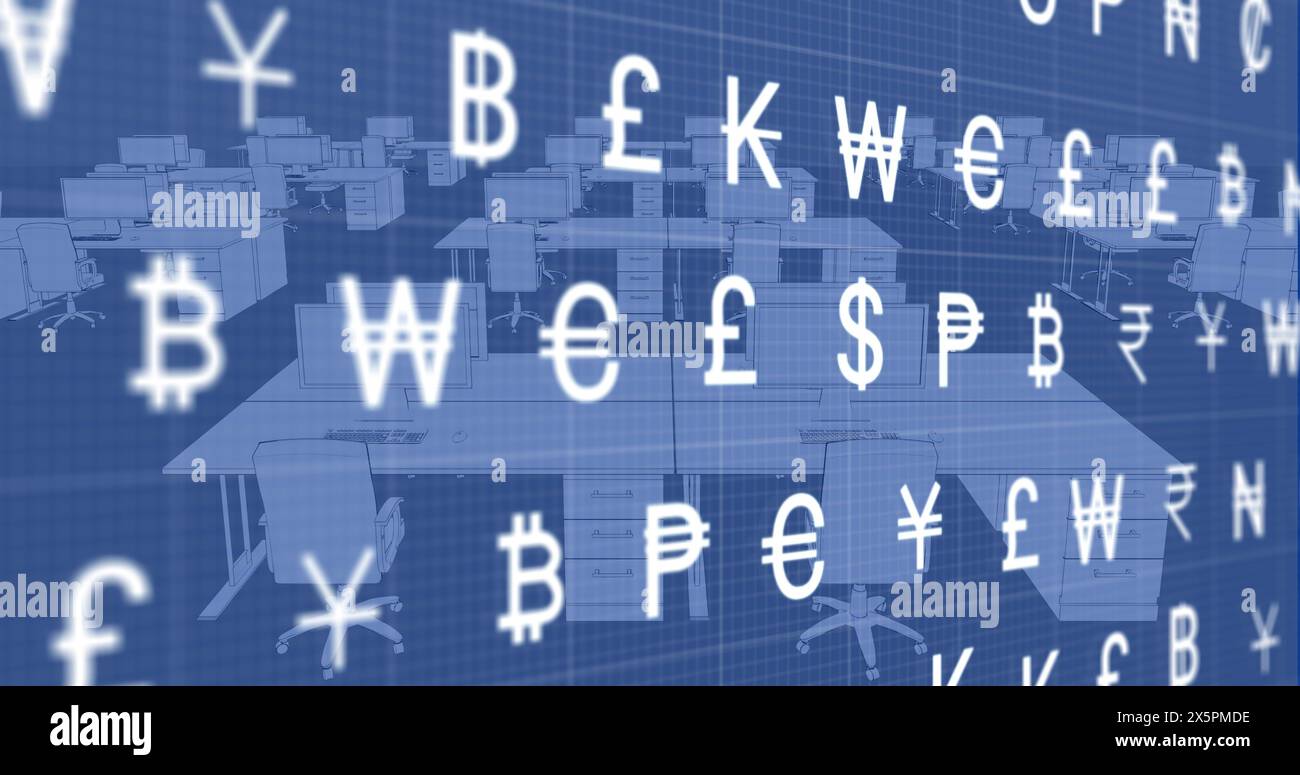 Image of multiple currency symbols over grid network against 3d office ...