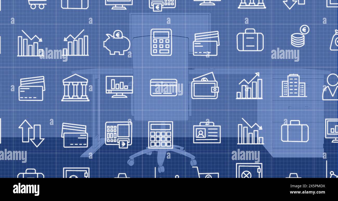 Image of multiple digital icons over grid network against office desk ...