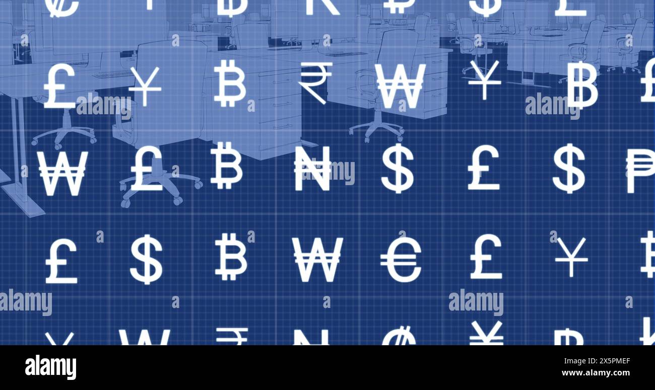 Image of multiple currency symbols over grid network against empty ...