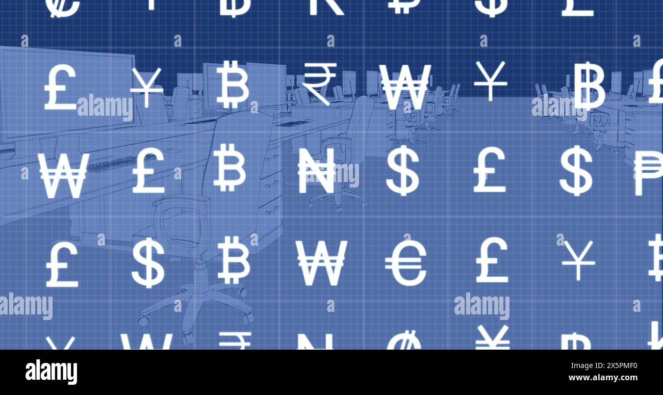 Image of multiple currency symbols over grid network against empty ...
